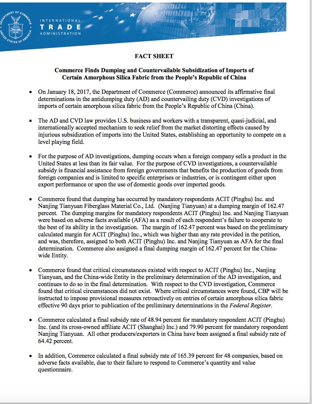 Silica Fabric Dumping and Countervailable Subsidy Facts